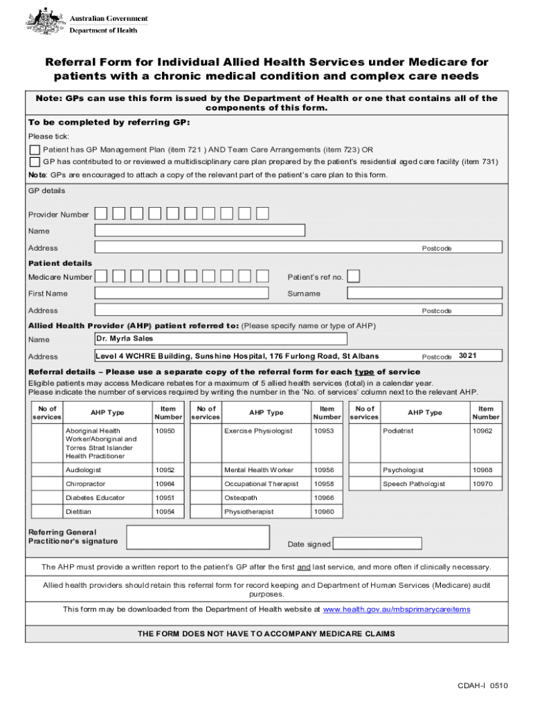 Fillable Online Referral Form for Individual Allied Health Services under ...Allied Health EPC ...