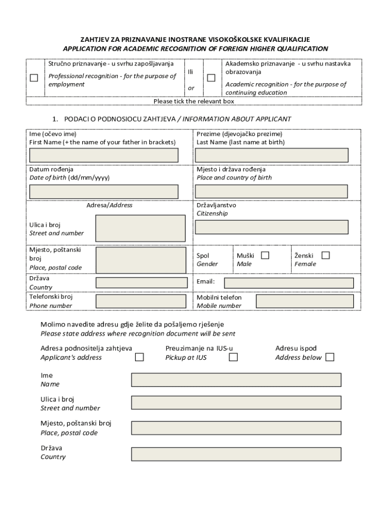 Fillable Online Zahtjev za priznavanje kvalifikacije / privremeno i ...