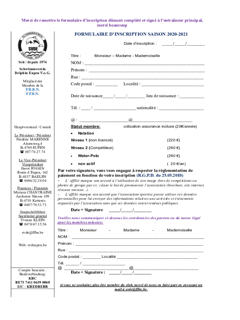 Remplissable En Ligne Merci de remettre le formulaire dinscription ...