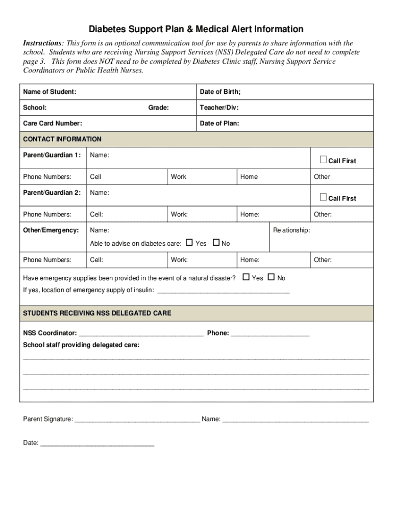 Fillable Online Diabetes Support Plan & Medical Alert Information Fax ...