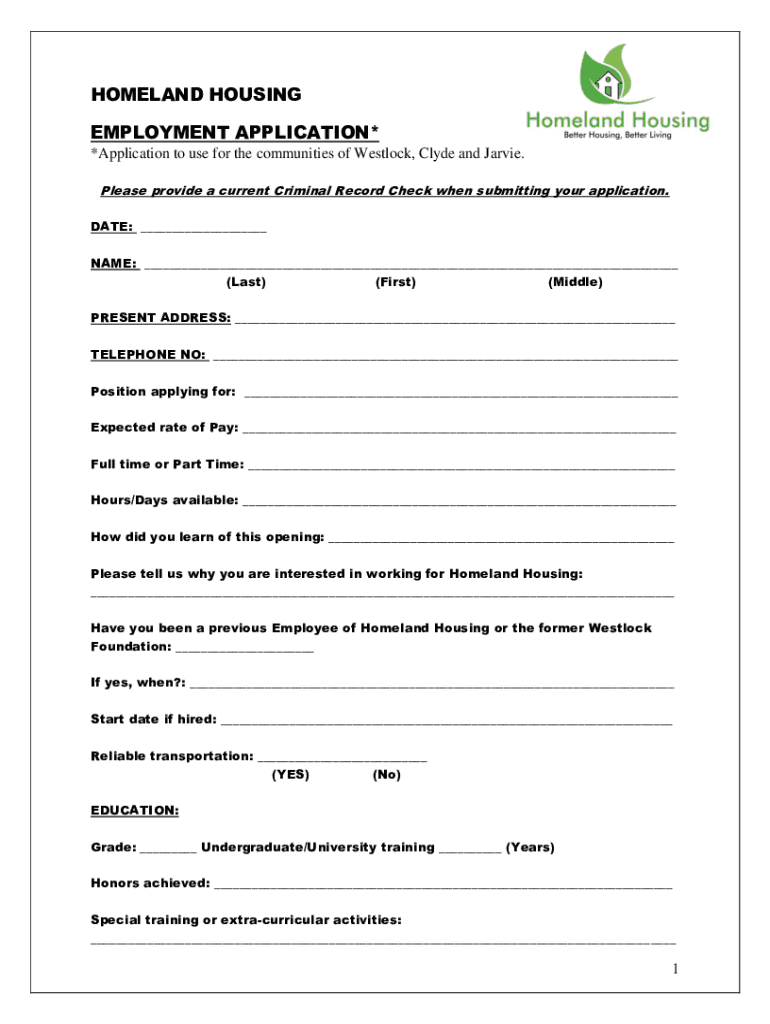 Fillable Online HOMELAND HOUSING EMPLOYMENT APPLICATION* Fax Email ...