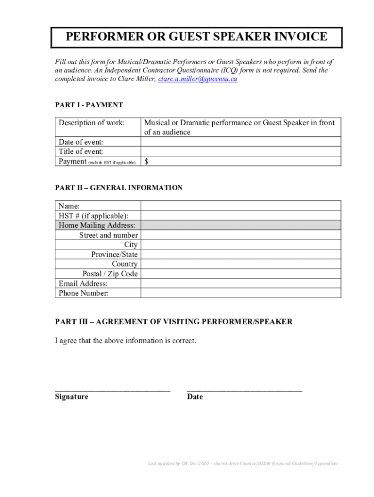 Fillable Online sdm queensu A1 Invoice - PERFORMER OR GUEST SPEAKER.docx Fax Email Print - pdfFiller