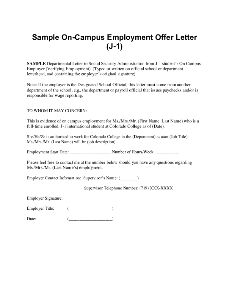 Fillable Online Sample On-Campus Employment Offer Letter Fax Email ...