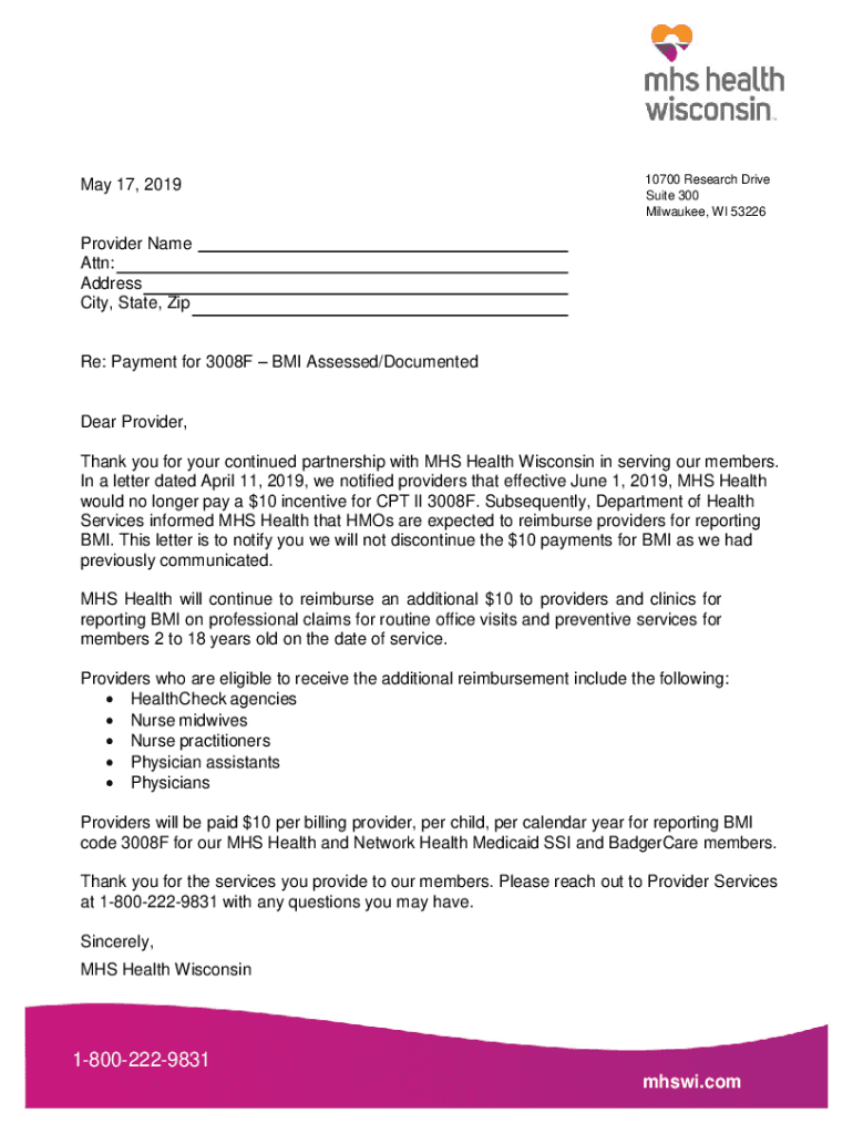 Fillable Online Payment for 3008F- BMI Assessed/Documented. Payment for ...