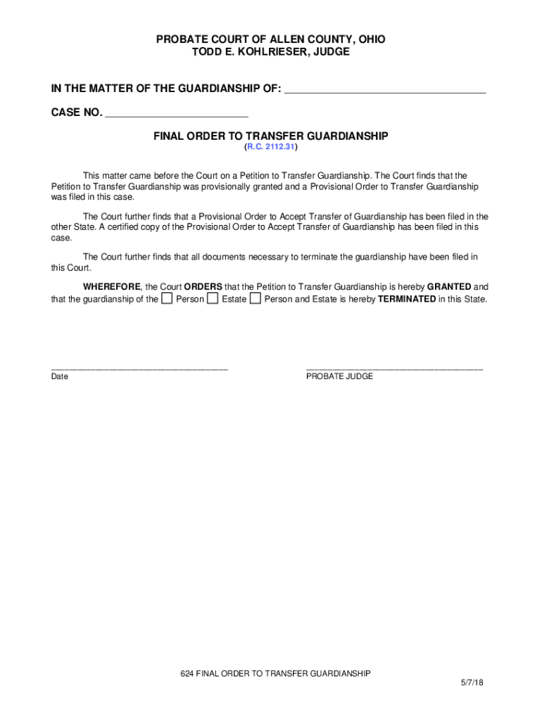 Fillable Online 625 FINAL ORDER TO TRANSFER GUARDIANSHIP Fax Email ...