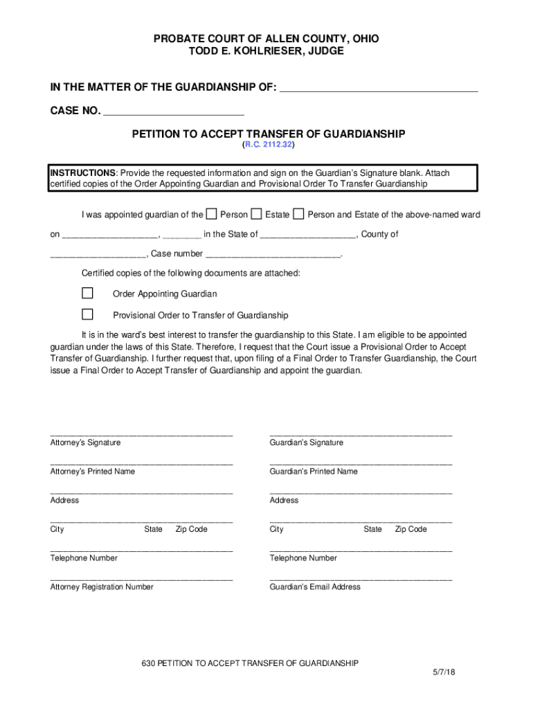 Fillable Online 630 PETITION TO ACCEPT TRANSFER OF GUARDIANSHIP Fax ...
