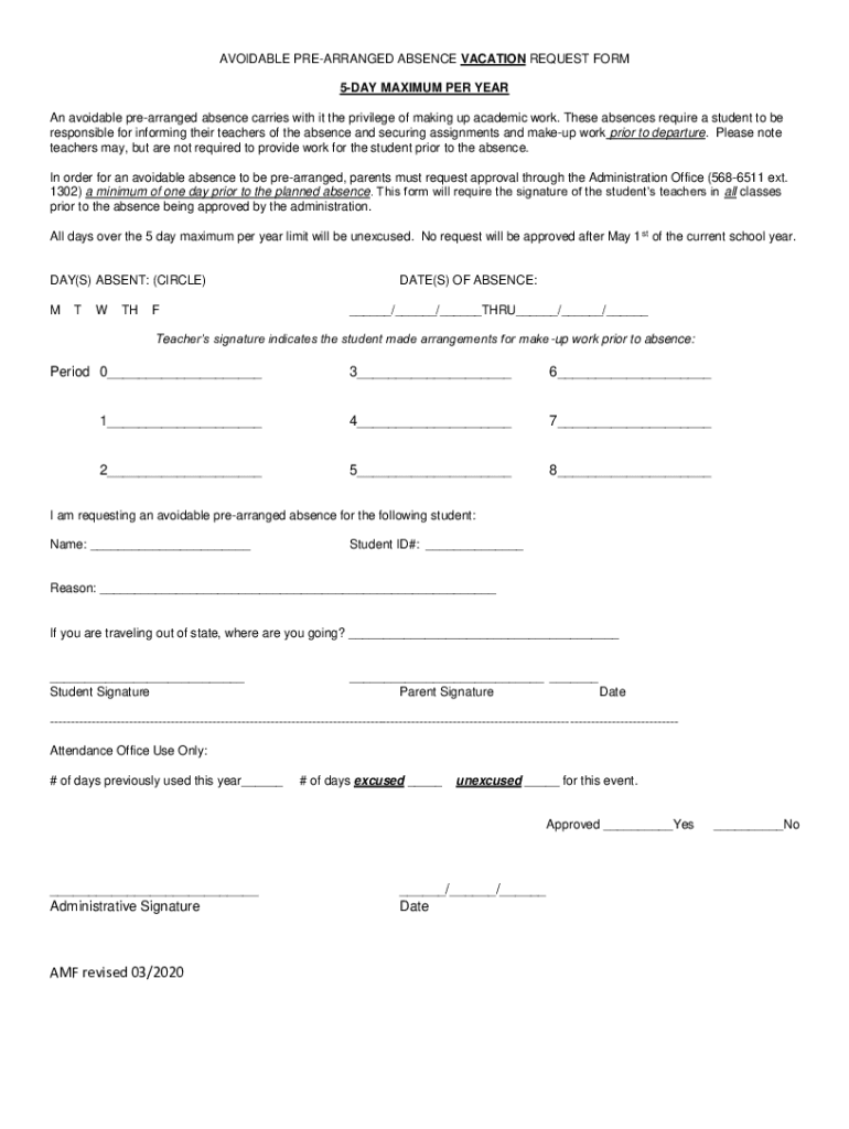 Fillable Online AVOIDABLE PRE-ARRANGED ABSENCE VACATION REQUEST FORM ...