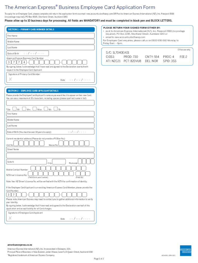Fillable Online The American Express Business Employee Card Application ...