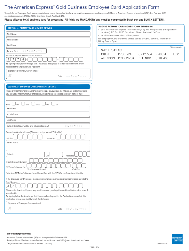 Fillable Online The American Express Gold Business Employee Card ...