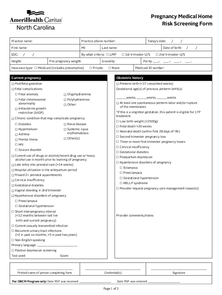 Fillable Online Pregnancy Medical Home Risk Screening Form ...