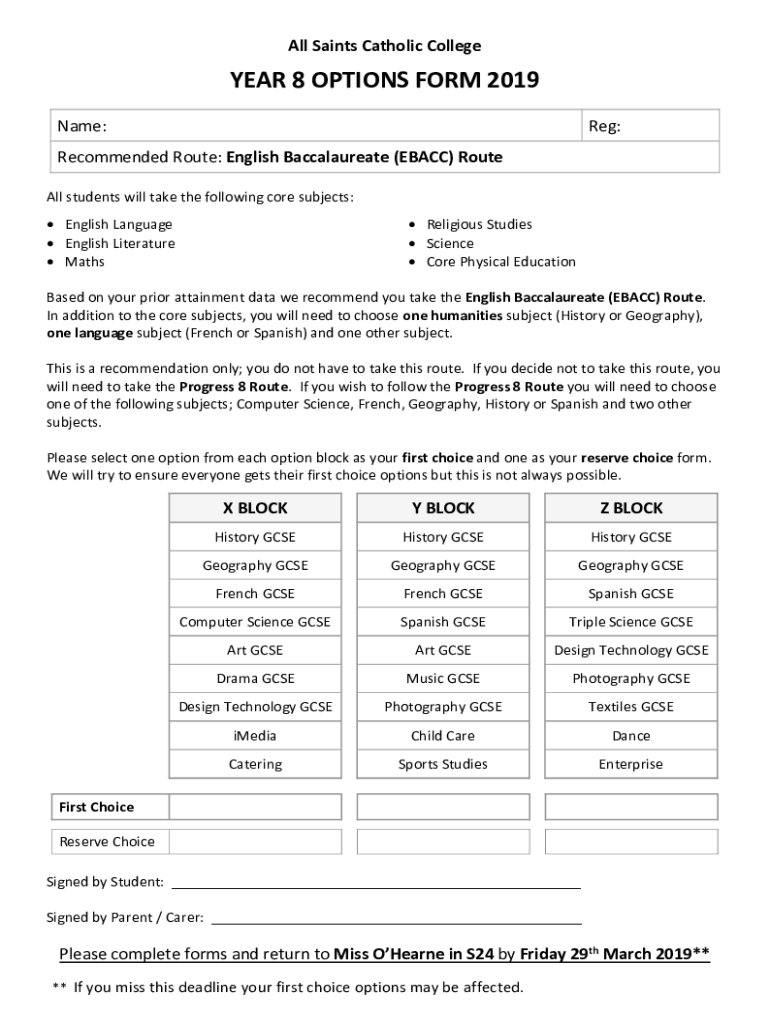 Fillable Online YEAR 8 OPTIONS FORM 2019 Fax Email Print - pdfFiller