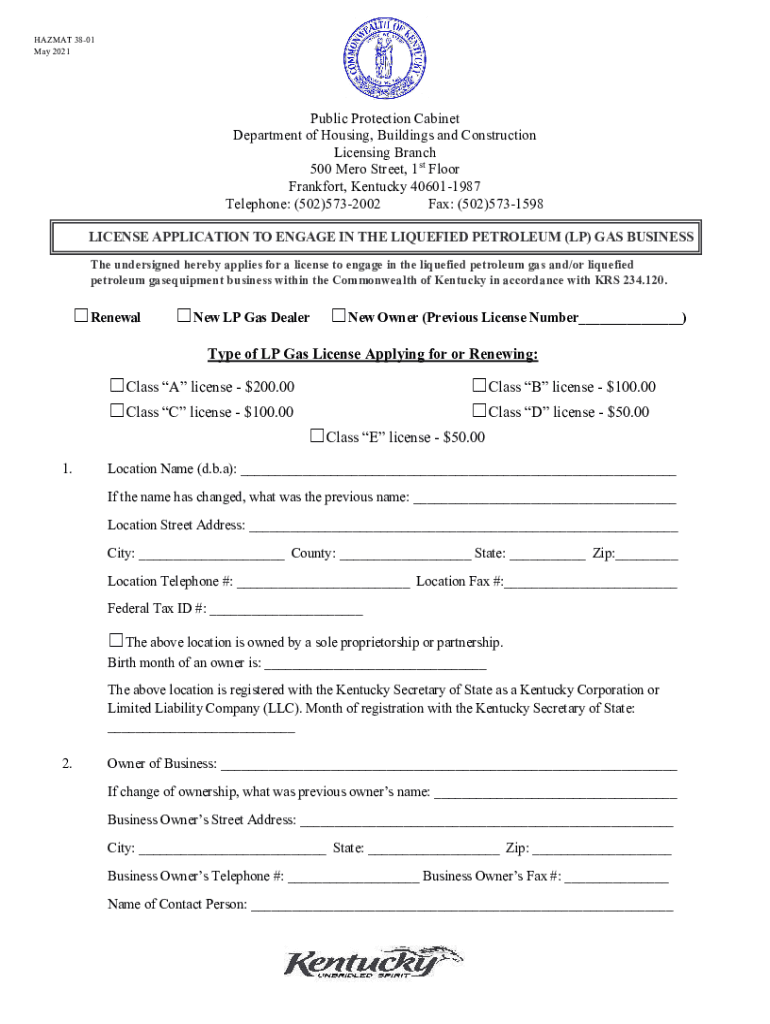 Fillable Online dhbc ky License Application to Engage in the Liquefied Petroleum (LP) Gas ...
