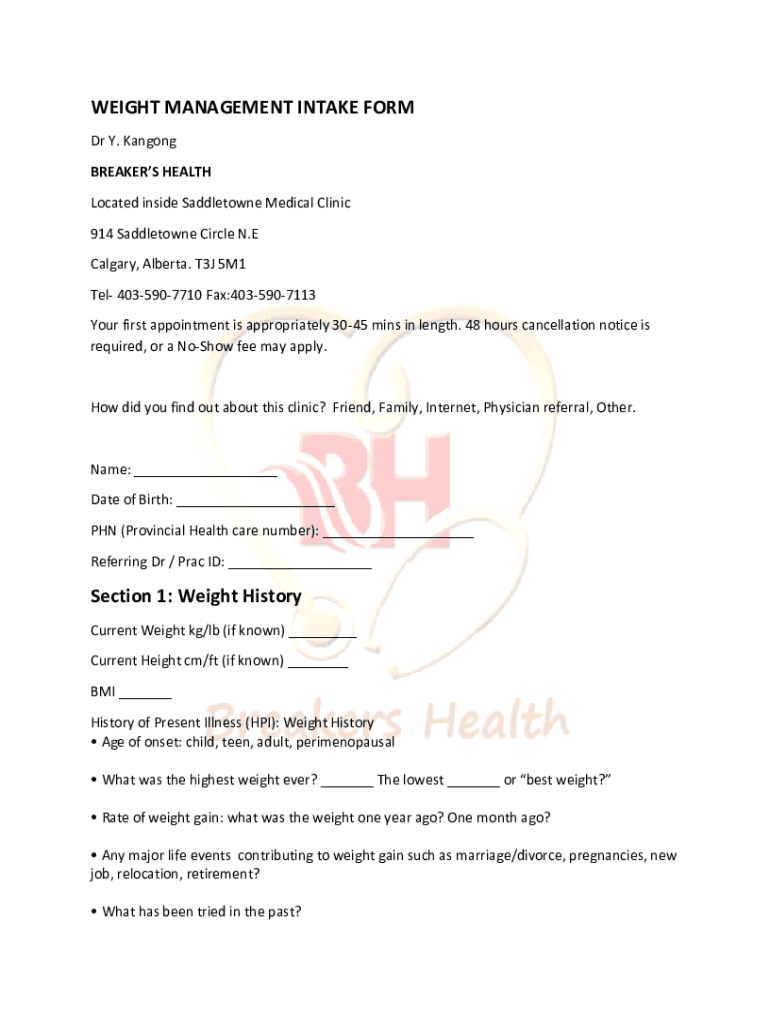Fillable Online WEIGHT MANAGEMENT INTAKE FORM Fax Email Print - pdfFiller