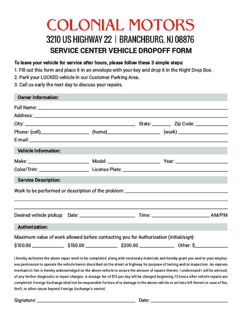Fillable Online To leave your vehicle for service after hours, please ...