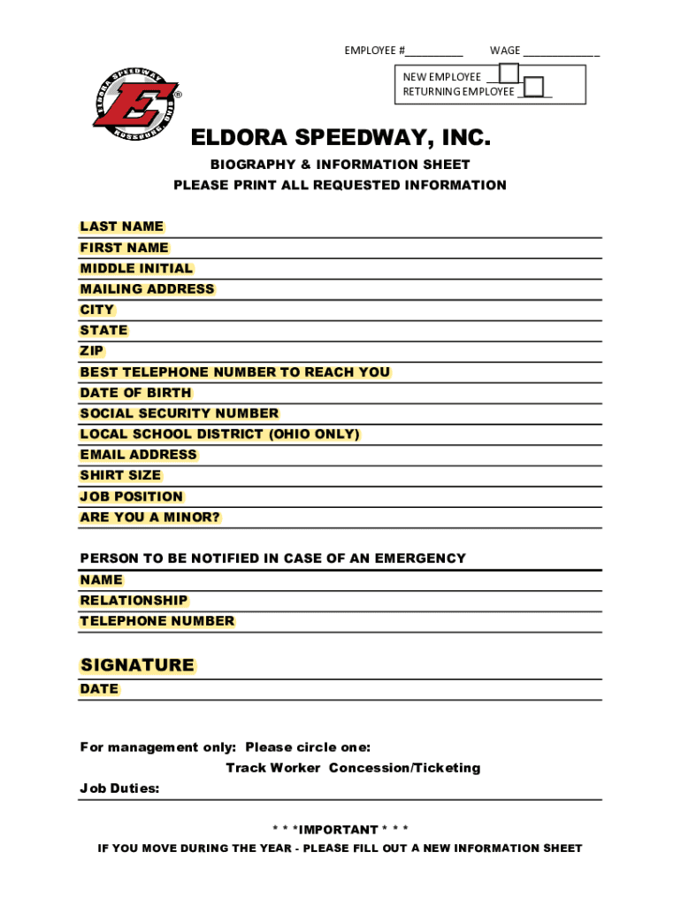 Fillable Online BIOGRAPHY & INFORMATION SHEET Fax Email Print - pdfFiller