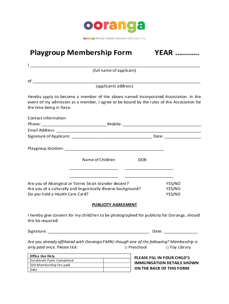 Fillable Online Playgroup Membership Form Fax Email Print - pdfFiller