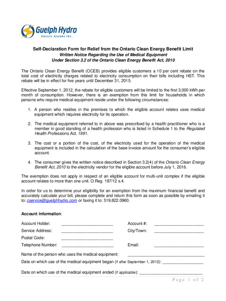 Fillable Online Self-Declaration Form for Relief from the Ontario Clean ...