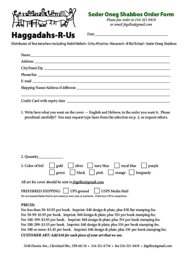Fillable Online Seder Oneg Shabbos Order Form Fax Email Print - pdfFiller