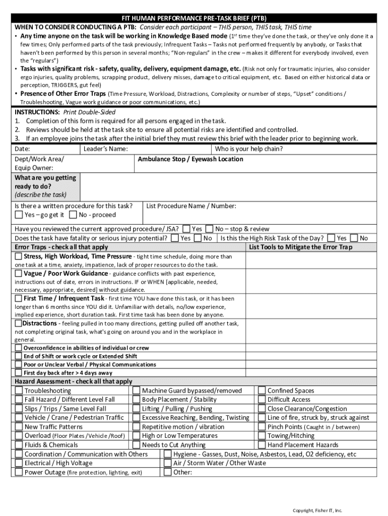 Fillable Online FIT HUMAN PERFORMANCE PRE-TASK BRIEF (PTB) Fax Email ...