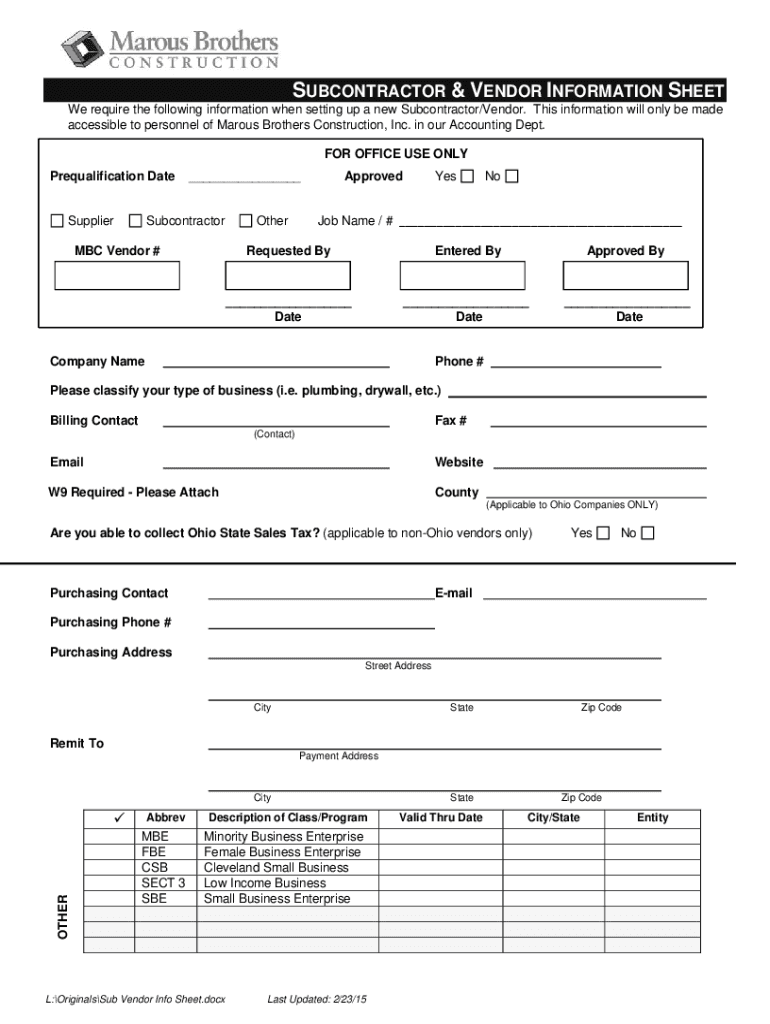 Fillable Online SUBCONTRACTOR & VENDOR INFORMATION SHEET Fax Email ...