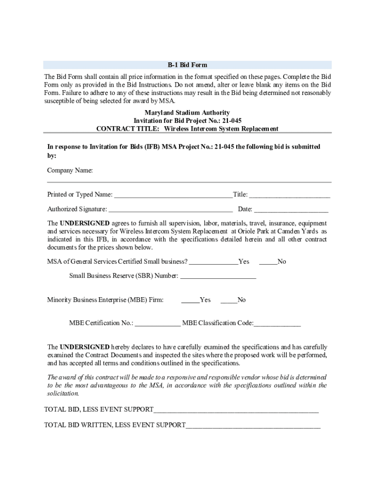 Fillable Online B-1 Bid Form Fax Email Print - pdfFiller