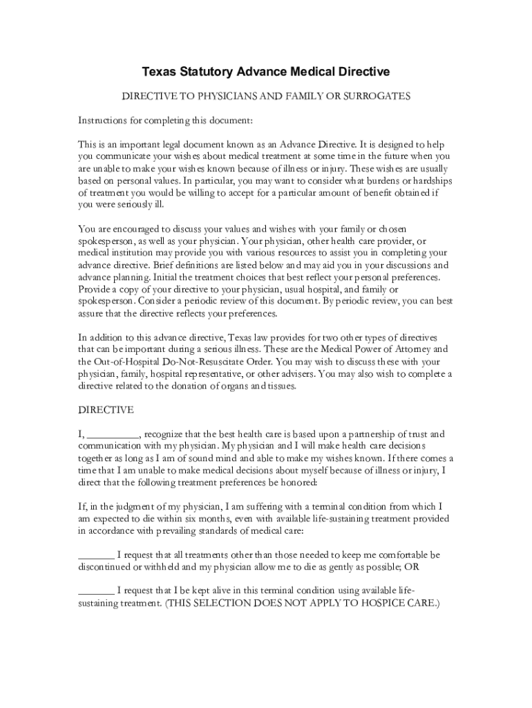 Fillable Online Texas Statutory Advance Medical Directive. Advance ...