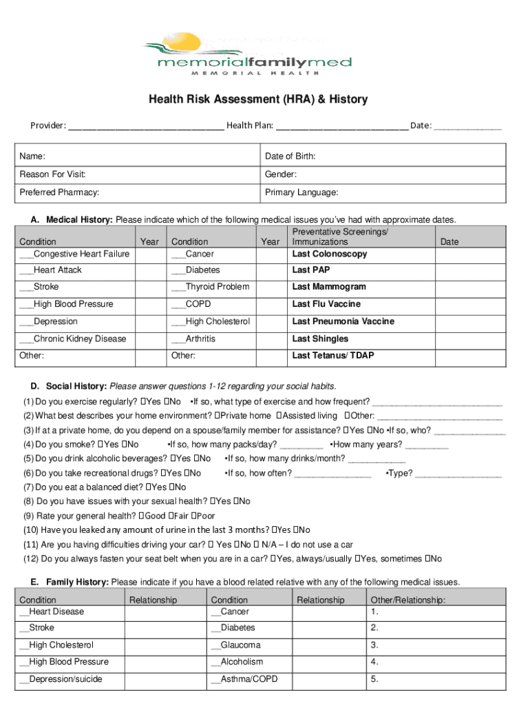 Fillable Online Health Risk Assessment (HRA) and History. HRA and ...