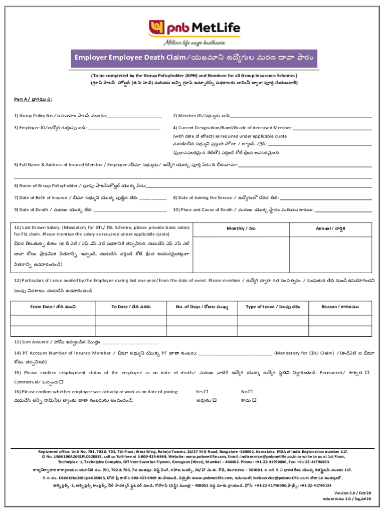 Fillable Online Employer Employee Death Claim/ Fax Email Print - pdfFiller