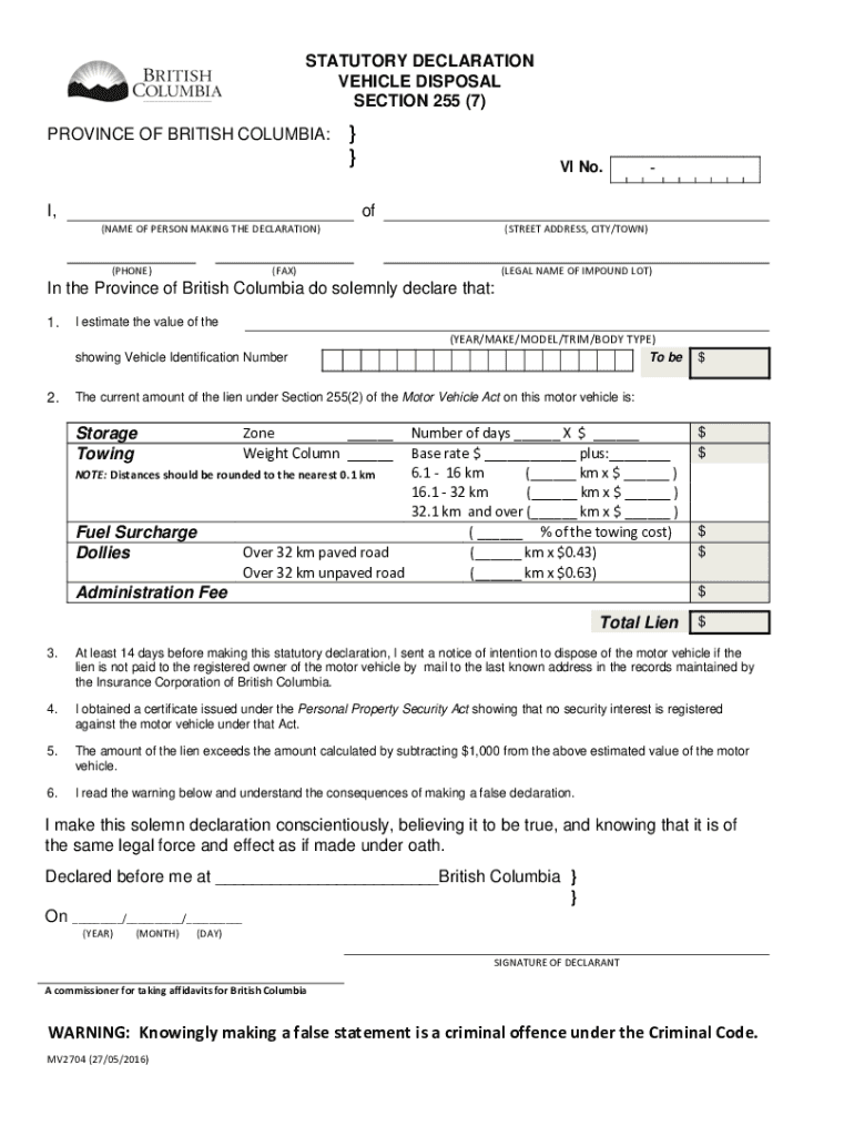 Fillable Online Statutory Declaraton Vehicle Disposal Form - Section ...