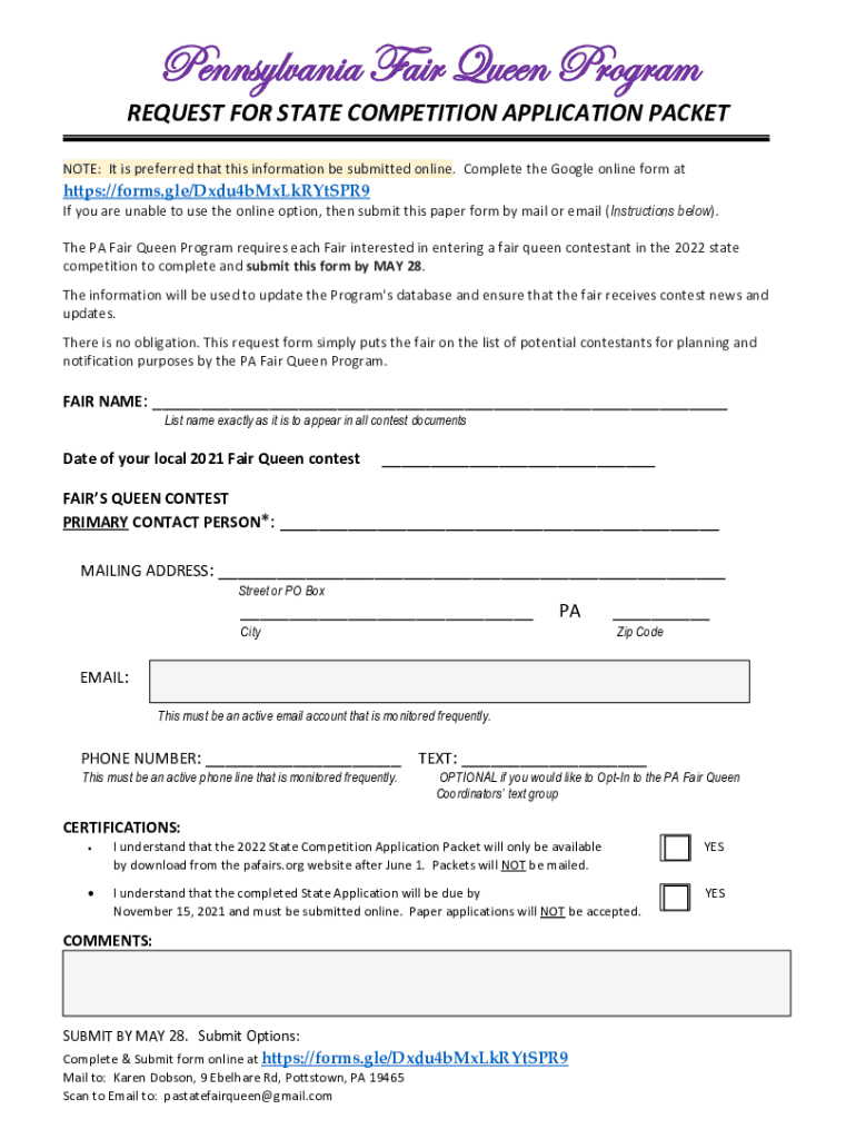 Fillable Online Pennsylvania Fair Queen Program Fax Email Print - pdfFiller