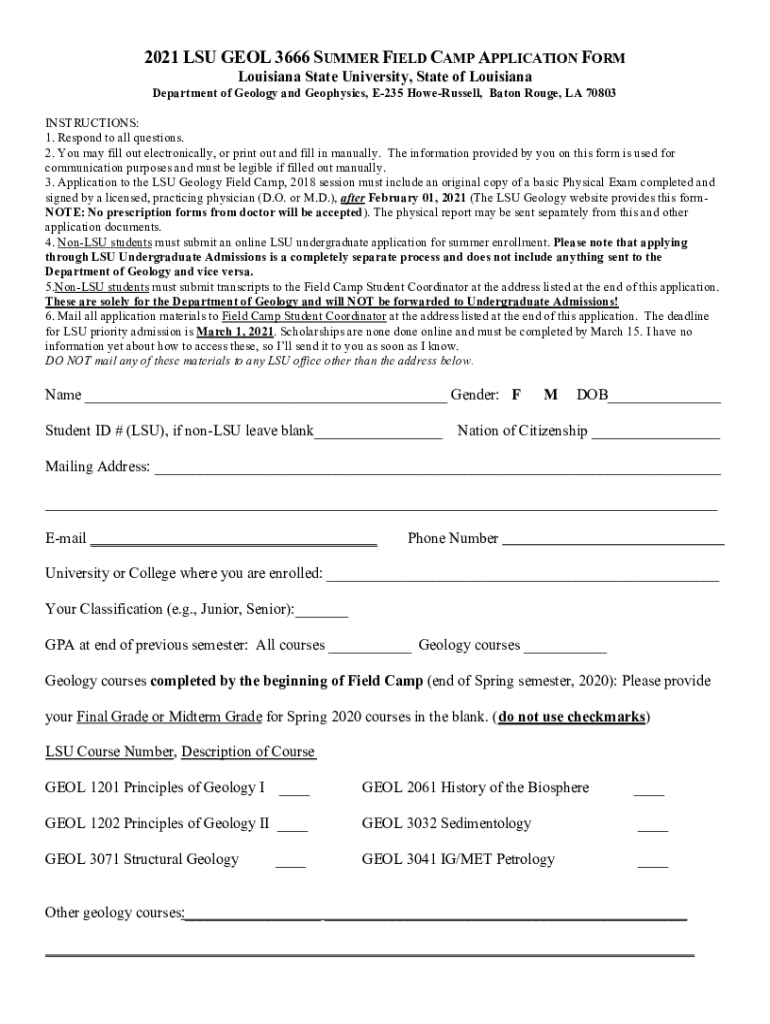 Fillable Online 2021 LSU GEOL 3666 SUMMER FIELD CAMP APPLICATION FORM Fax Email Print - pdfFiller