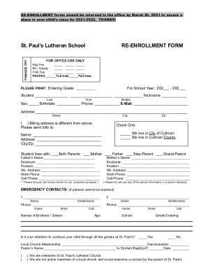 Fillable Online Re-enrollment Form 2021-2022 Fax Email Print - pdfFiller