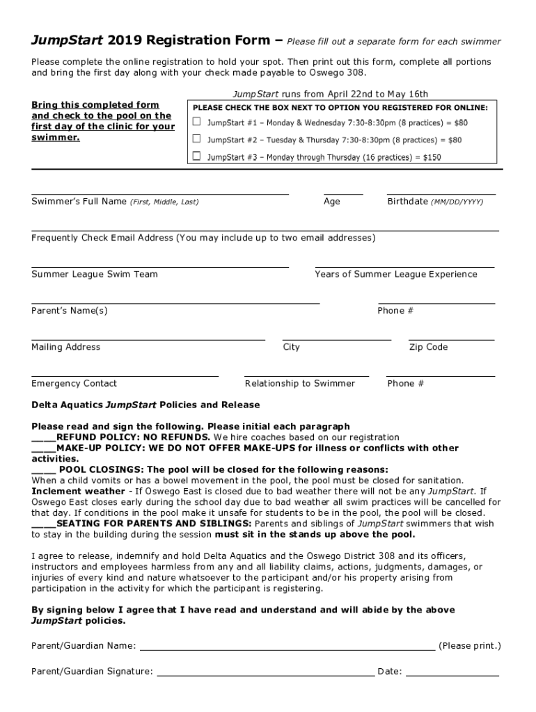 Fillable Online JumpStart 2019 Registration Form Please fill out a ...