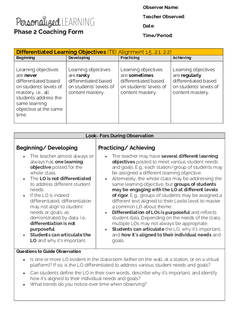 Fillable Online Differentiated Learning Objectives IR2 Observation Form ...