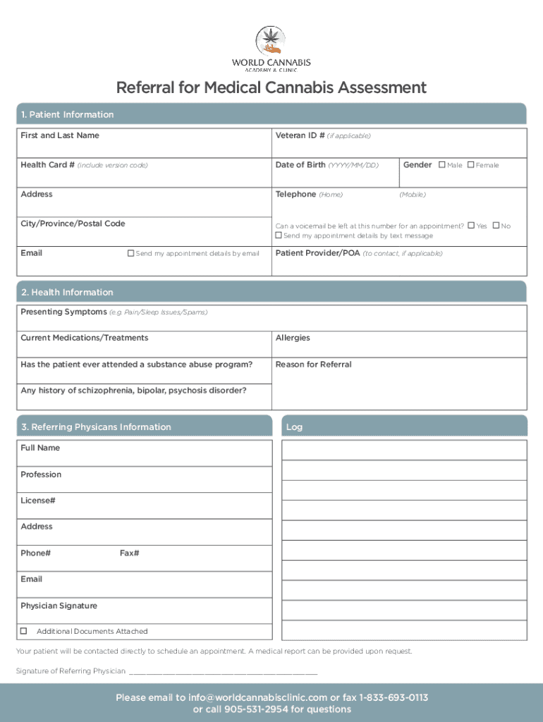 Fillable Online Physician Referral Form for Medical Cannabis Assessment ...