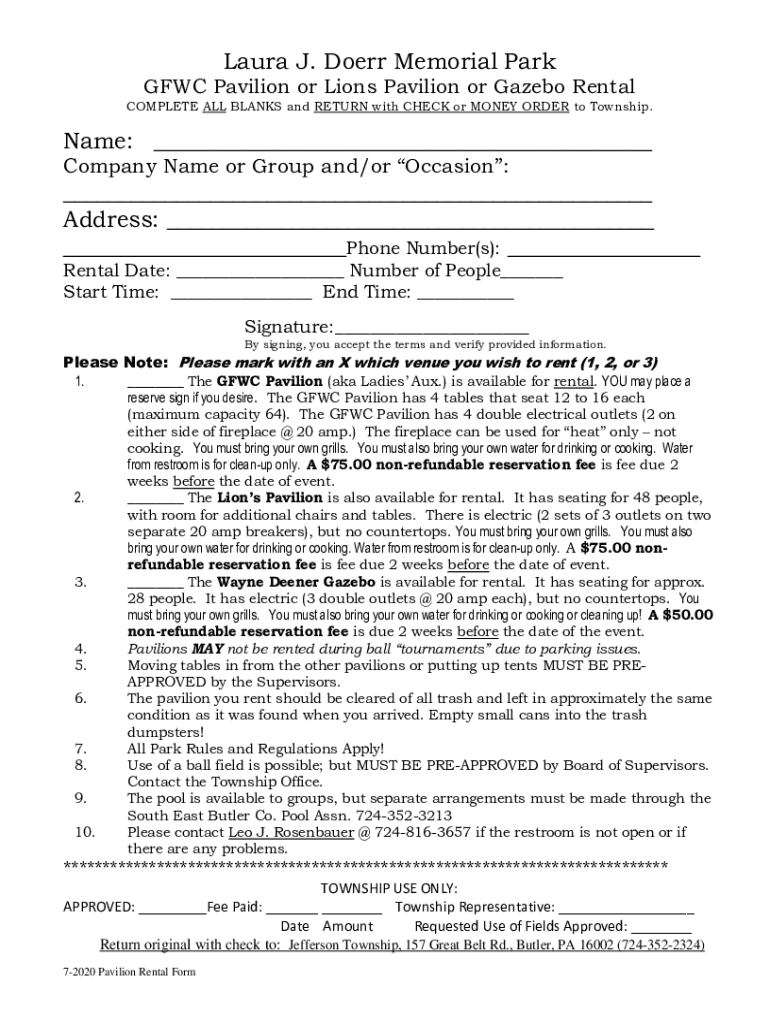 Fillable Online GFWC Pavilion or Lions Pavilion or Gazebo Rental Fax Email Print - pdfFiller
