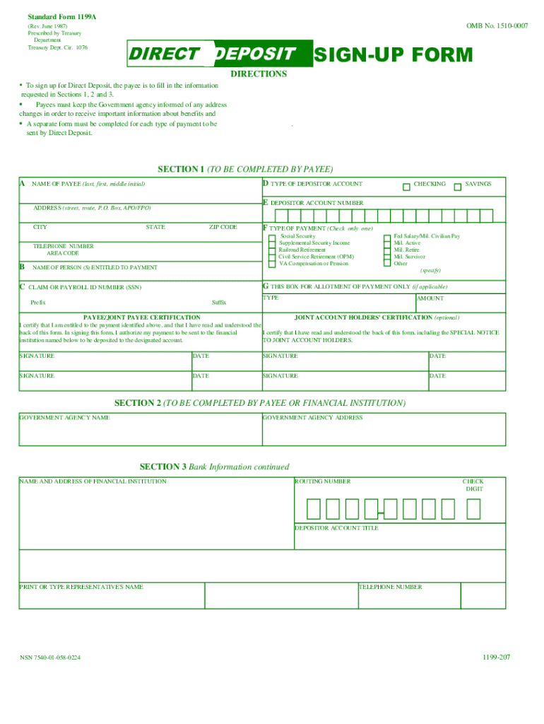 Fillable Online Standard Form 1199A (Rev. June 1987) 1076 SIGN-UP FORM ...