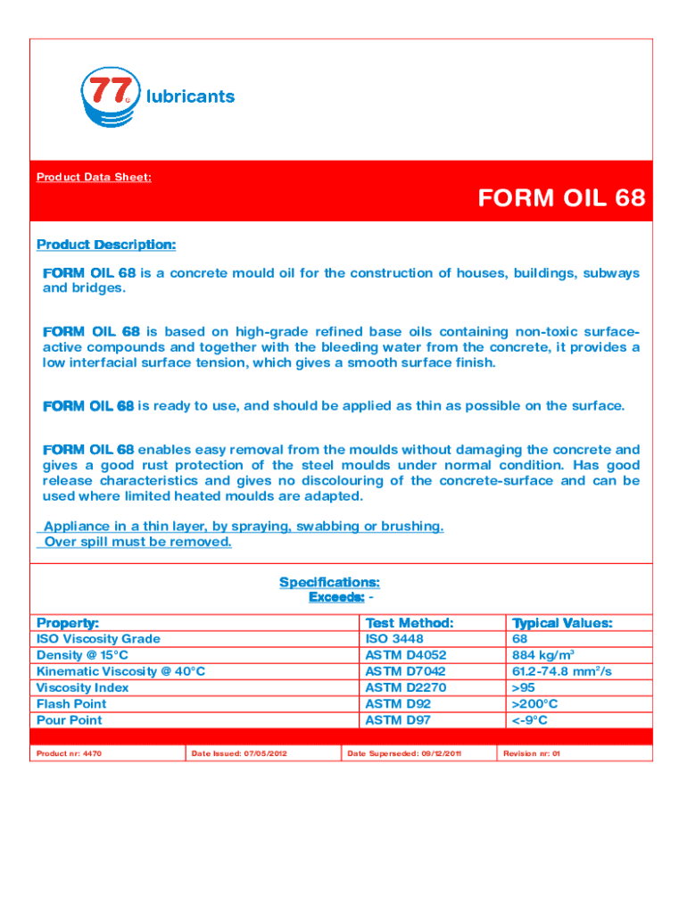 Fillable Online Product Data Sheet FORM OIL 68 - 77 Lubricants Fax ...