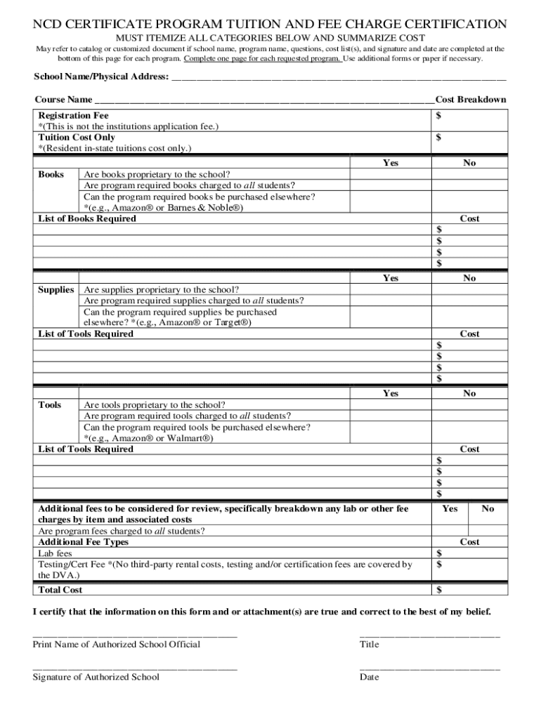 Fillable Online NCD CERTIFICATE PROGRAM TUITION AND FEE CHARGE ... Fax ...