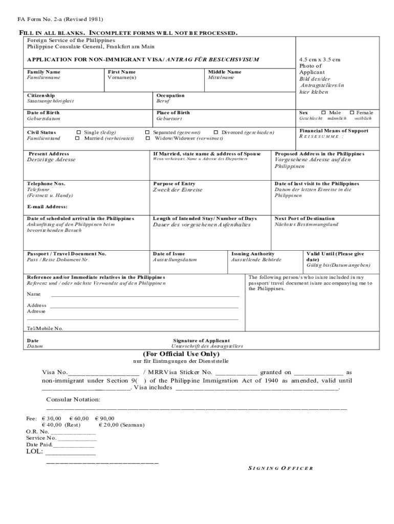 Fillable Online Application Form FA Form No 2-a Visa application.doc ...