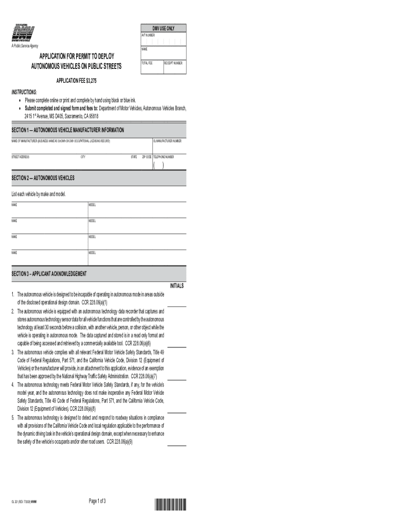 Fillable Online Application For Permit To Deploy Autonomous Vehicles On Public ... Fax Email ...