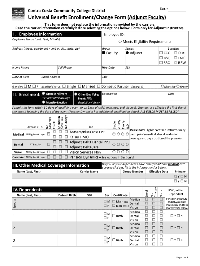 Fillable Online Universal Benefit Enrollment/Change Form (Adjunct Faculty) Fax Email Print ...