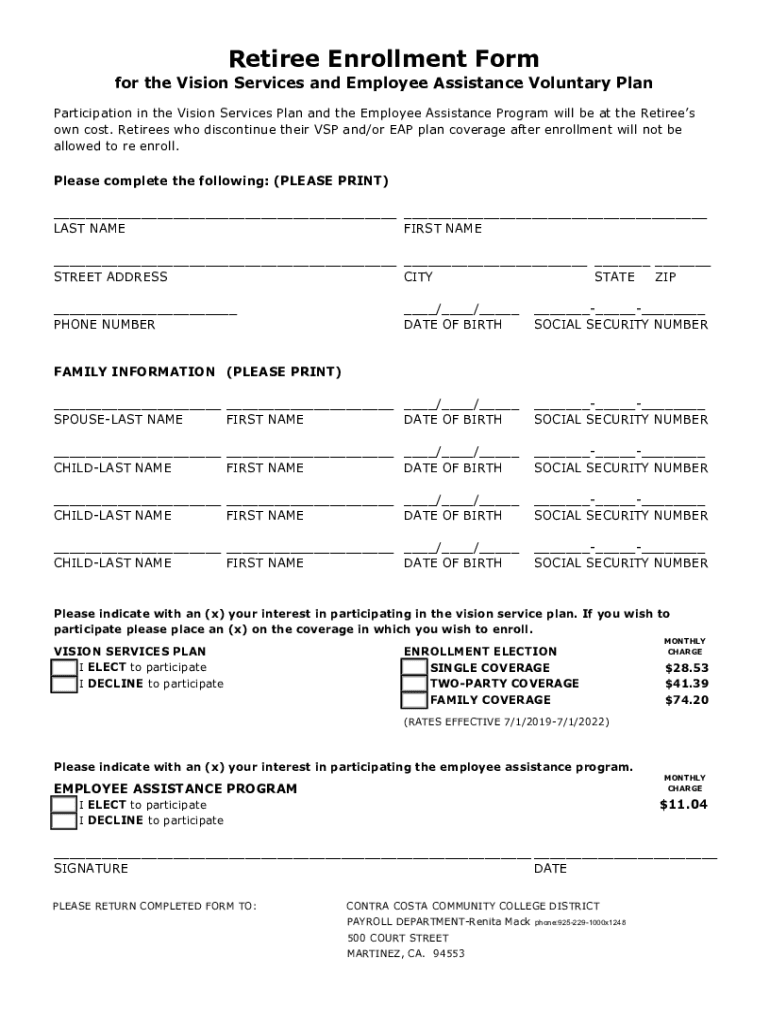 Fillable Online Retiree Enrollment Form - Vision Services and Employee ...