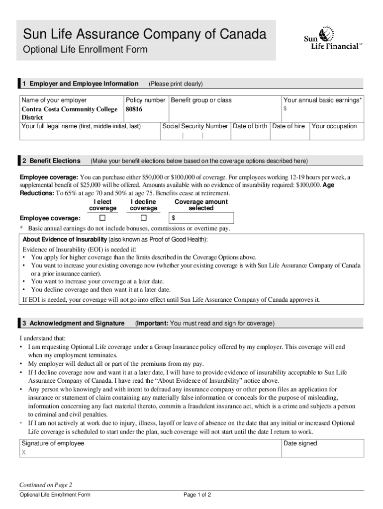 Fillable Online Sun Life Optional Life Enrollment Form Fax Email Print ...