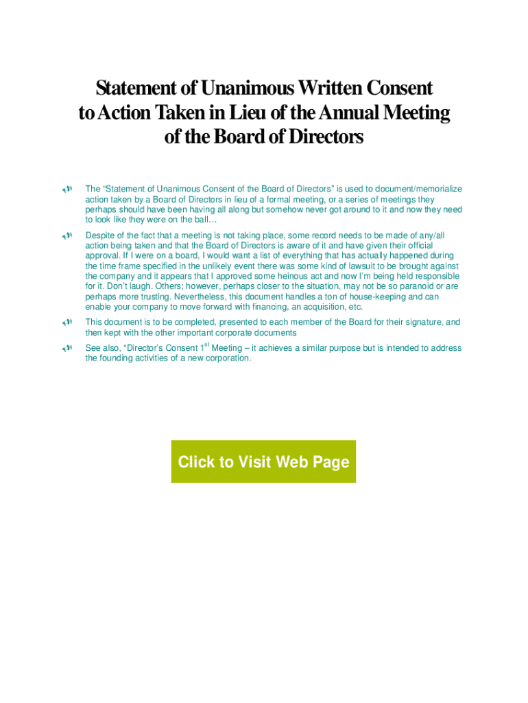 Fillable Online Action by Unanimous Written Consent - Sample ...