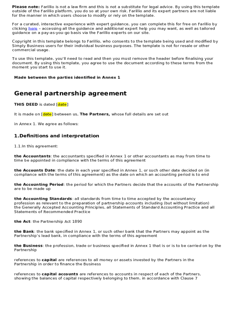 Sample Partnership Deed/ Agreement Doc Template | pdfFiller