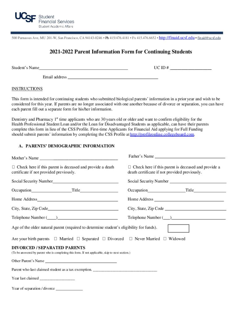 Fillable Online finaid ucsf Parent Information Form (2021-22) Fax Email Print - pdfFiller