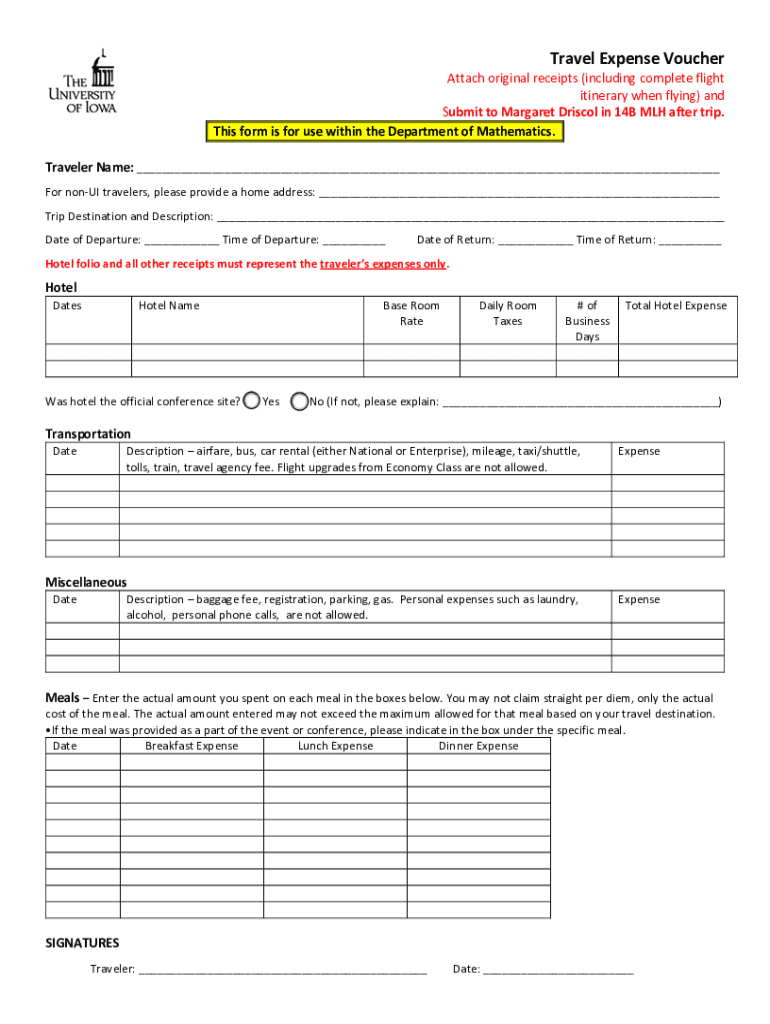 Fillable Online math uiowa Attach original receipts (including complete flight Fax Email Print ...