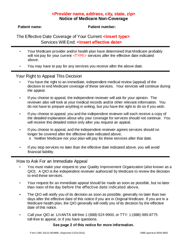 U2555 CMS Notice of Non-Coverage. MA plan notice of coverage ending Doc ...