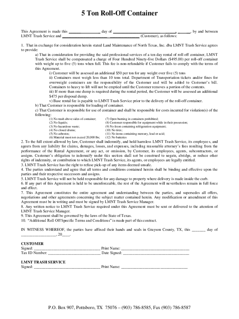 Fillable Online 3 Ton Roll-Off Agreement - LMNT Trash Service Fax Email ...